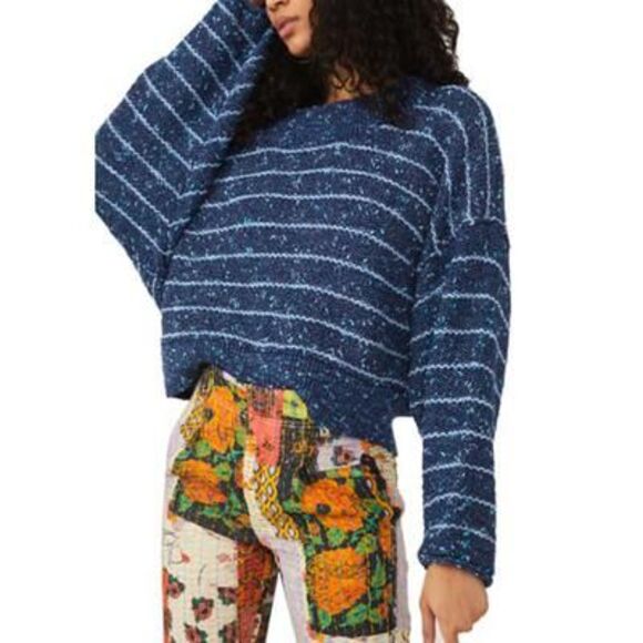 Free People | Sweaters | Starlight Stripe Cotton Blend Sweater In Blue ...